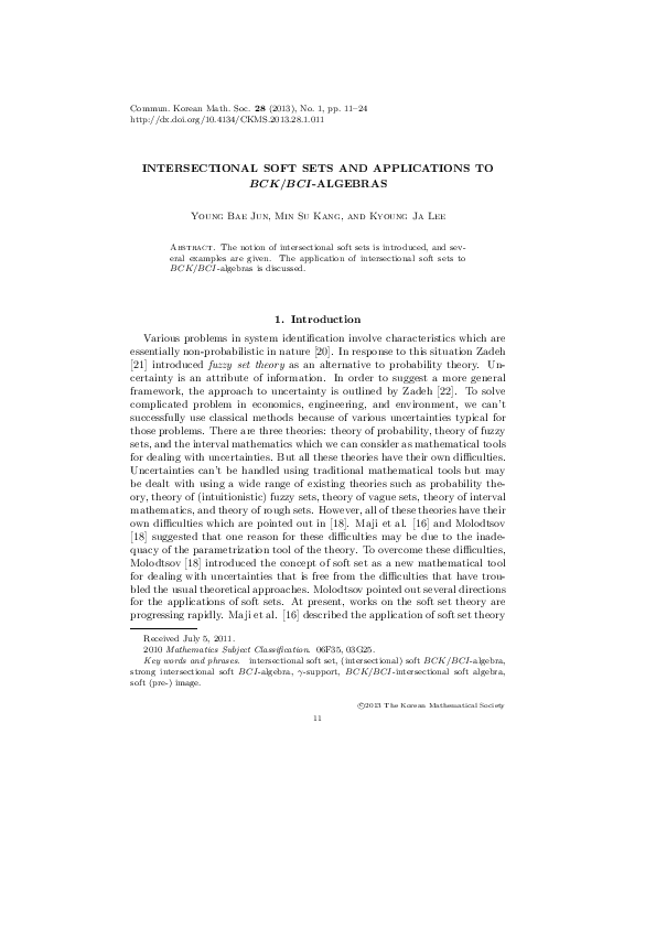 (PDF) Intersectional Soft Sets in BCK/Bci-Algebras