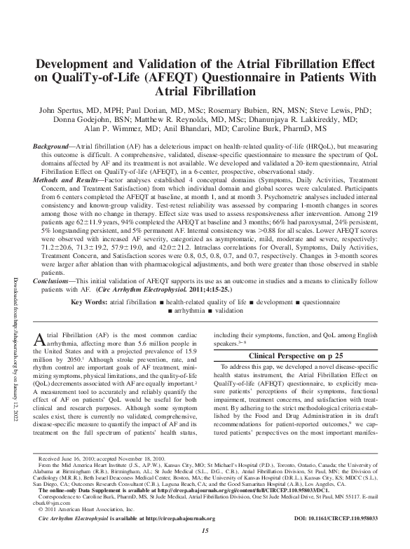 (PDF) Development and validation of the Atrial Fibrillation Effect on QualiTy-of-Life (AFEQT ...