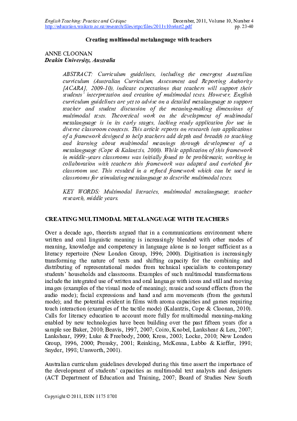 (PDF) Creating multimodal metalanguage with teachers