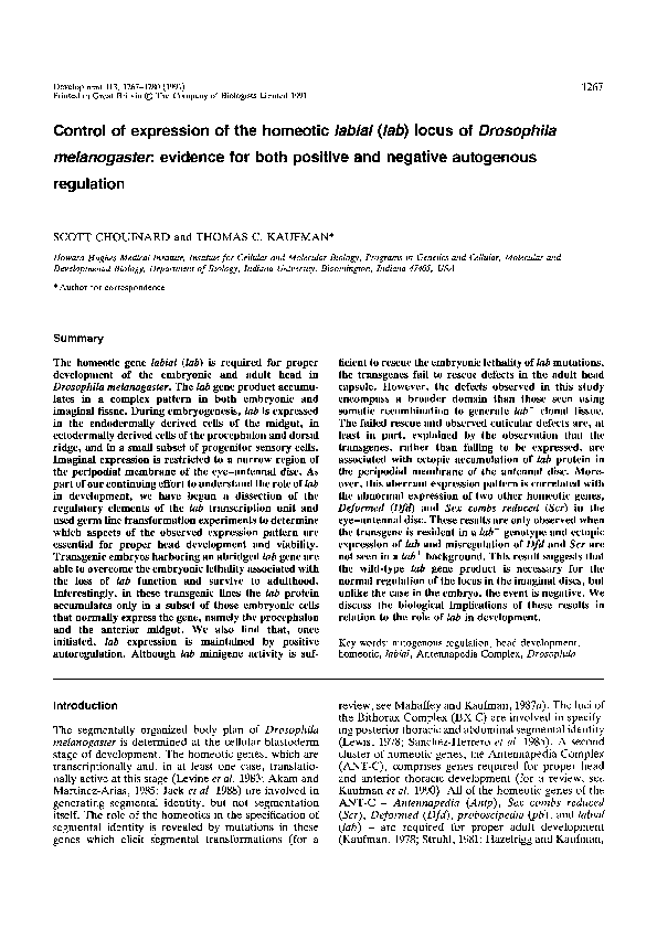 (PDF) Control of expression of the homeotic labial (lab) locus of ...