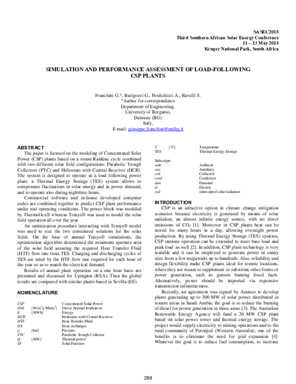 (PDF) Simulation and performance assessment of load-following CSP plants