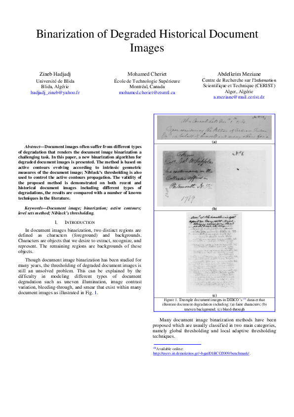 (PDF) Binarization of Degraded Historical Document Images