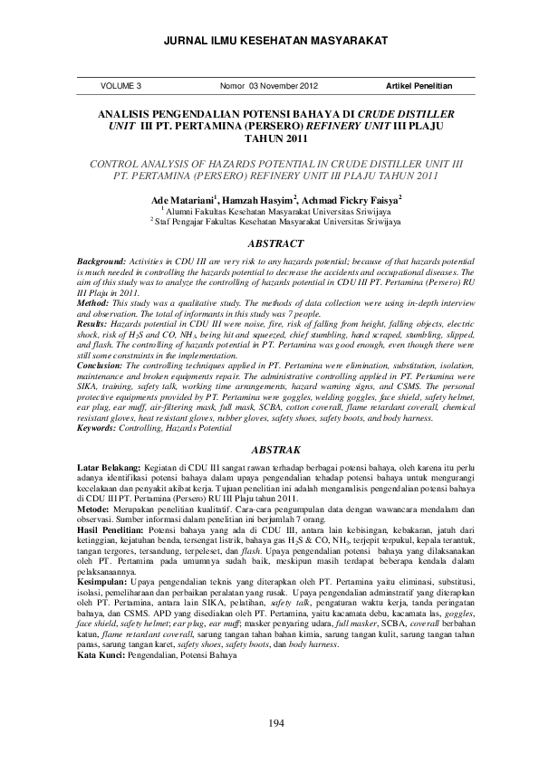 (PDF) Control Analysis of Hazards Potential in Crude Distiller Unit III Pt. Pertamina (Persero ...