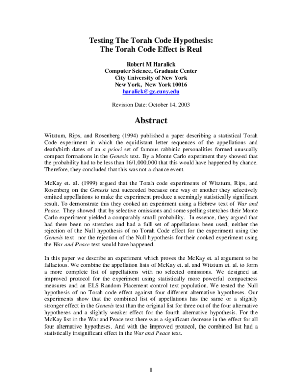 (PDF) Testing the Torah Code Hypothesis: The Torah Code Effect Is Real ...