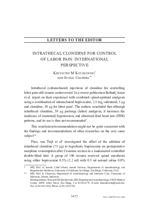 (PDF) Intrathecal clonidine for control of labor pain: international ...