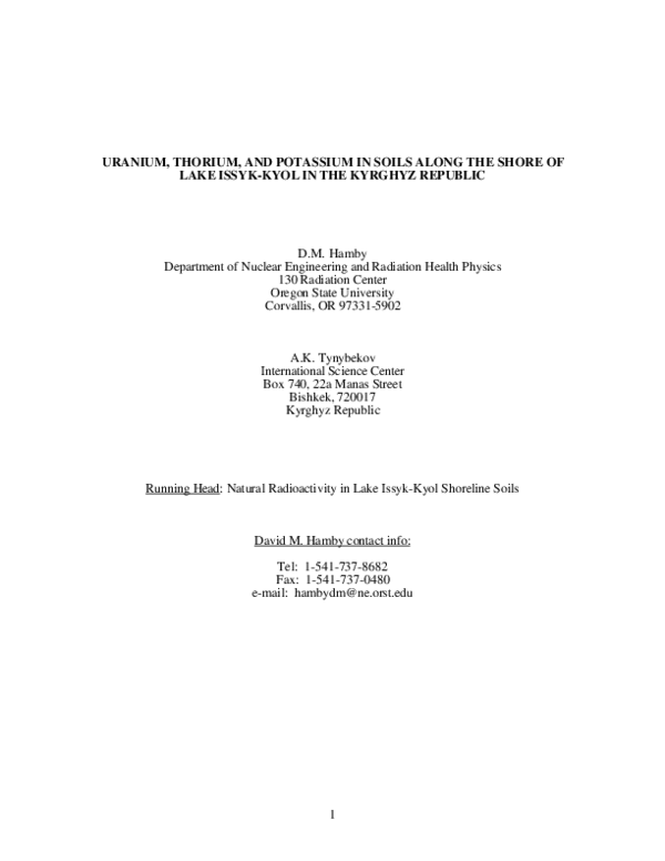 (PDF) Uranium, thorium, and potassium in soils along the shore of Lake Issyk-Kyol in the Kyrghyz ...