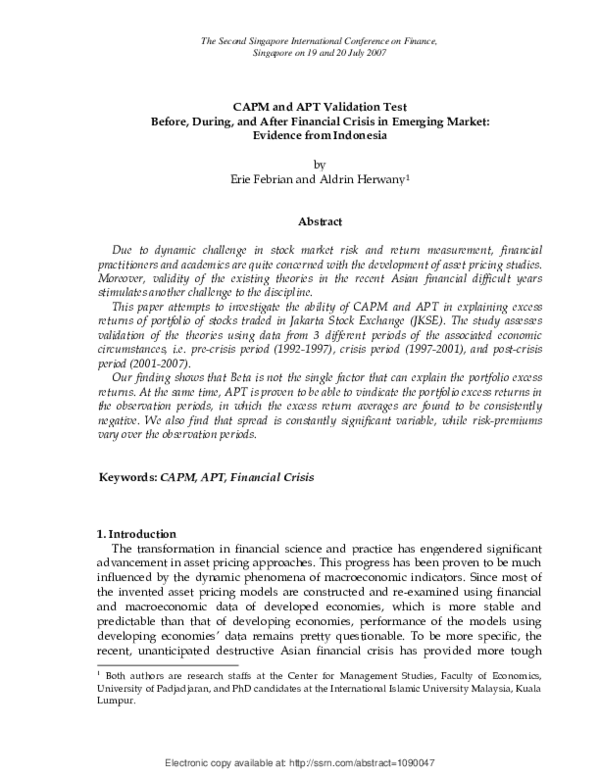 (PDF) CAPM and APT Validation Test Before, During, and After Financial ...