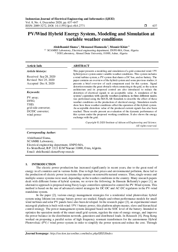 (PDF) PV/Wind Hybrid Energy System, Modeling and Simulation at variable weather conditions