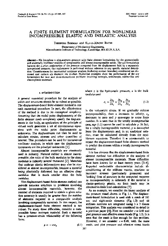 (PDF) A finite element formulation for nonlinear incompressible elastic and inelastic analysis