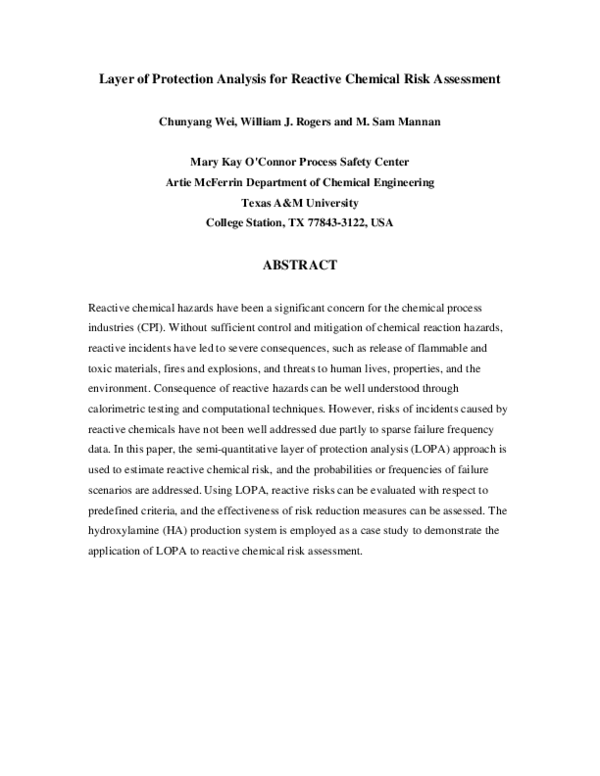 (PDF) Layer of protection analysis for reactive chemical risk assessment