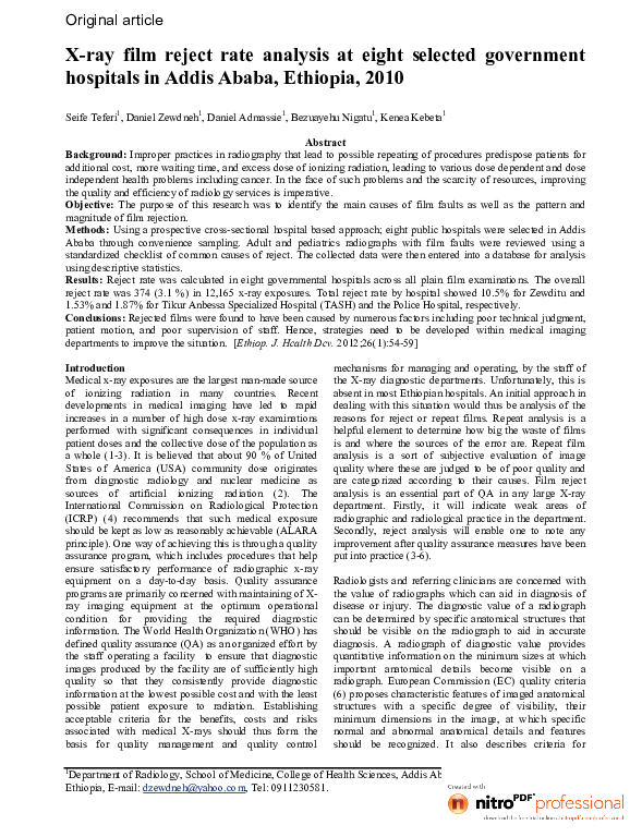 (PDF) X-ray film reject rate analysis at eight selected government