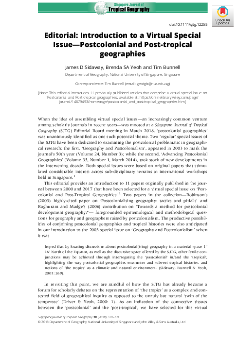 (PDF) Editorial: Introduction to a Virtual Special Issue-Postcolonial and Post-tropical geographies