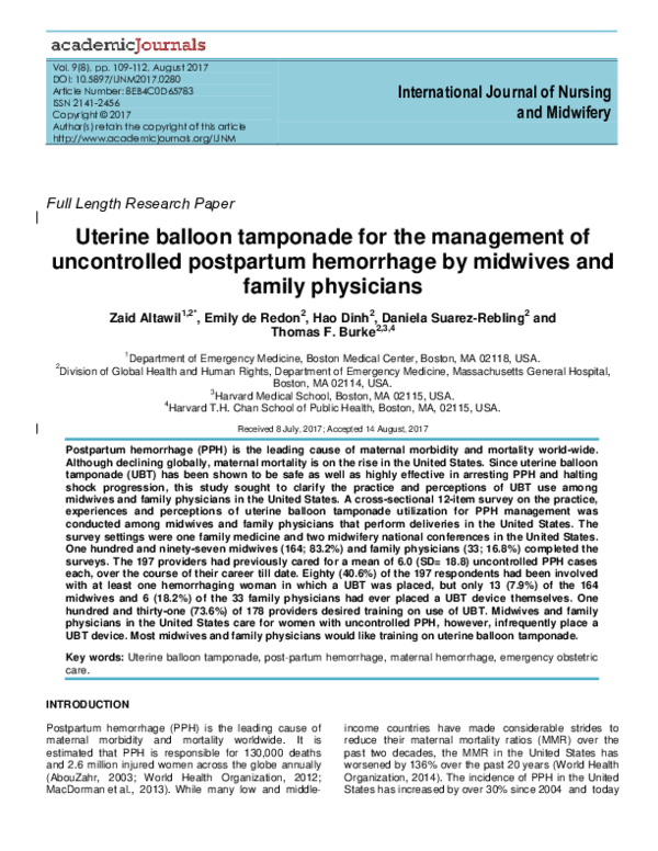 (PDF) Uterine balloon tamponade for the management of uncontrolled postpartum hemorrhage by ...