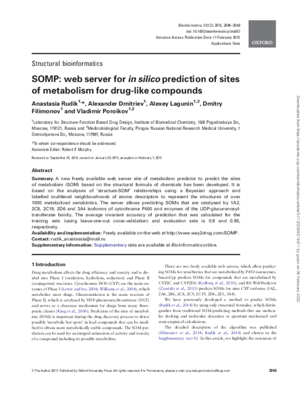 (PDF) SOMP: web-server for in silico prediction of sites of metabolism ...