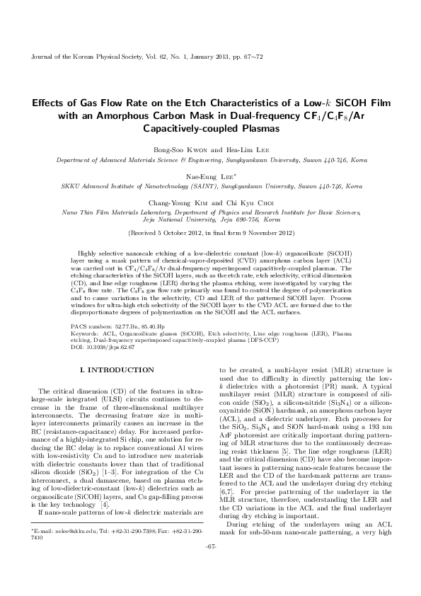 (PDF) Effects of gas flow rate on the etch characteristics of a low-k sicoh film with an ...