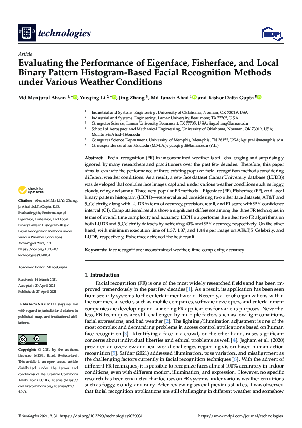 (PDF) Evaluating the Performance of Eigenface, Fisherface, and Local Binary Pattern Histogram ...