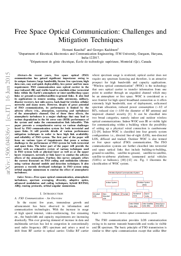 (PDF) Free Space Optical Communication: Challenges and Mitigation Techniques