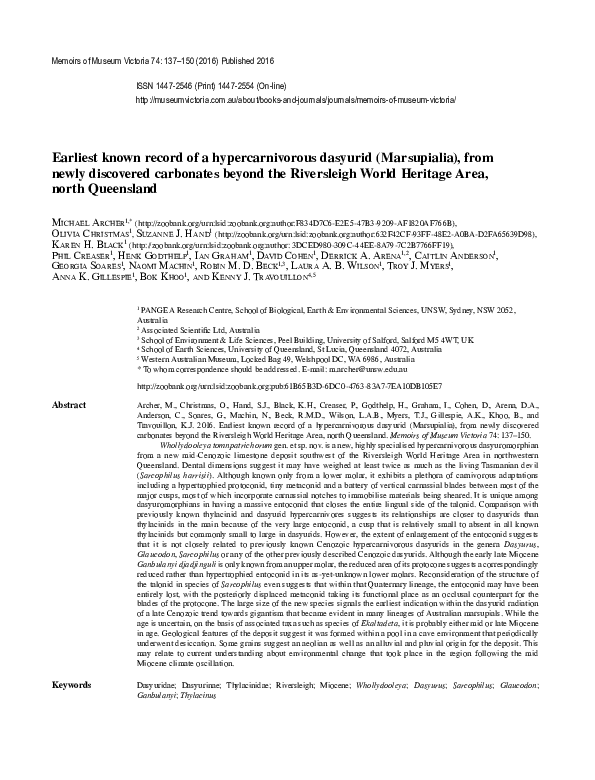 (PDF) Earliest known record of a hypercarnivorous dasyurid (Marsupialia ...