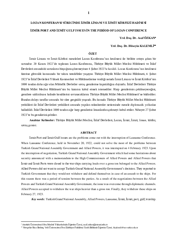 (PDF) Lozan Konferansi Süreci̇nde İzmi̇r Li̇mani Ve İzmi̇t Körfezi̇ Hadi̇sesi̇ / İzmi̇r Port and ...