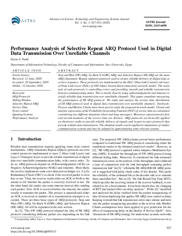 (PDF) Performance Analysis of Selective Repeat ARQ Protocol Used in ...