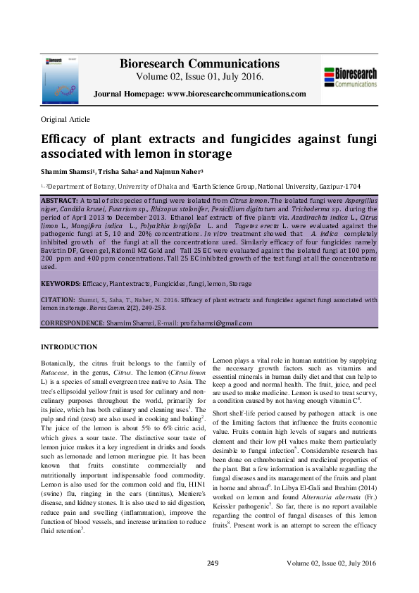(PDF) Efficacy of plant extracts and fungicides against fungi associated with lemon in storage