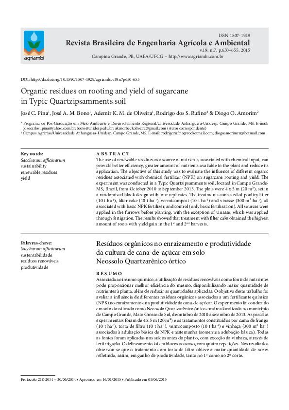 (PDF) Organic residues on rooting and yield of sugarcane in Typic ...