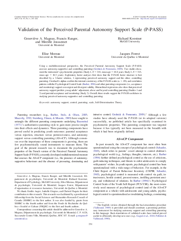 (PDF) Validation of the Perceived Parental Autonomy Support Scale (P-PASS)