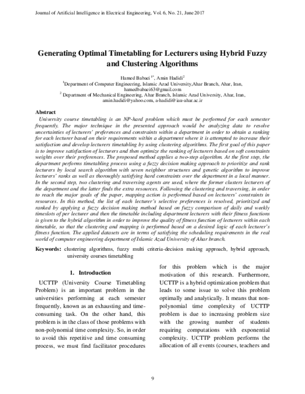 Pdf Generating Optimal Timetabling For Lecturers Using Hybrid Fuzzy And Clustering Algorithms