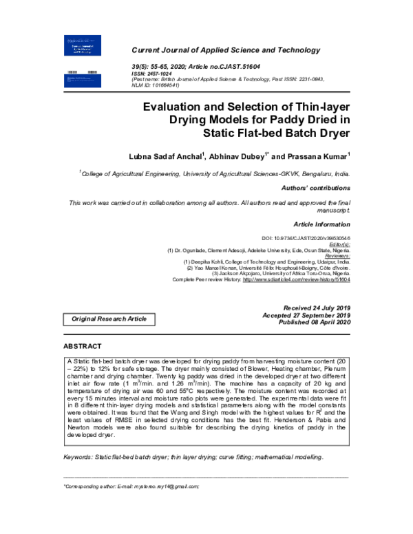 (PDF) Evaluation and Selection of Thin-layer Drying Models for Paddy Dried in Static Flat-bed ...