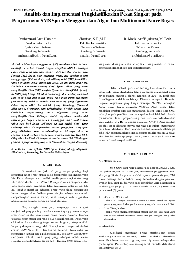 (PDF) Analisis dan Implementasi Pengklasifikasian Pesan Singkat pada Penyaringan SMS Spam ...