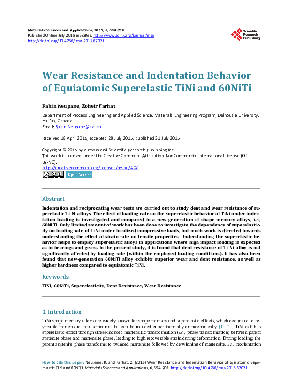 (PDF) Wear Resistance and Indentation Behavior