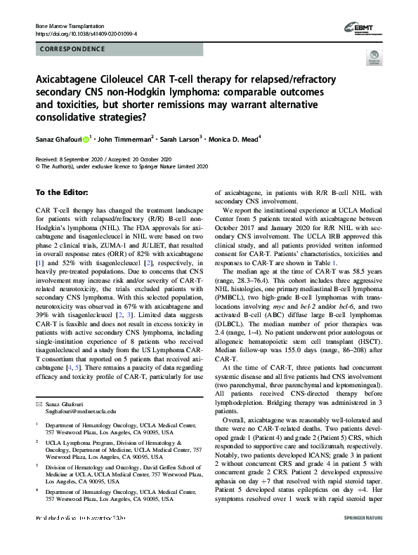 (PDF) Axicabtagene Ciloleucel CAR T-cell therapy for relapsed/refractory secondary CNS non ...
