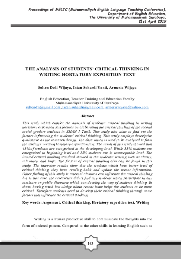 (PDF) The Analysis of Students’ Critical Thinking in Writing Hortatory Exposition Text