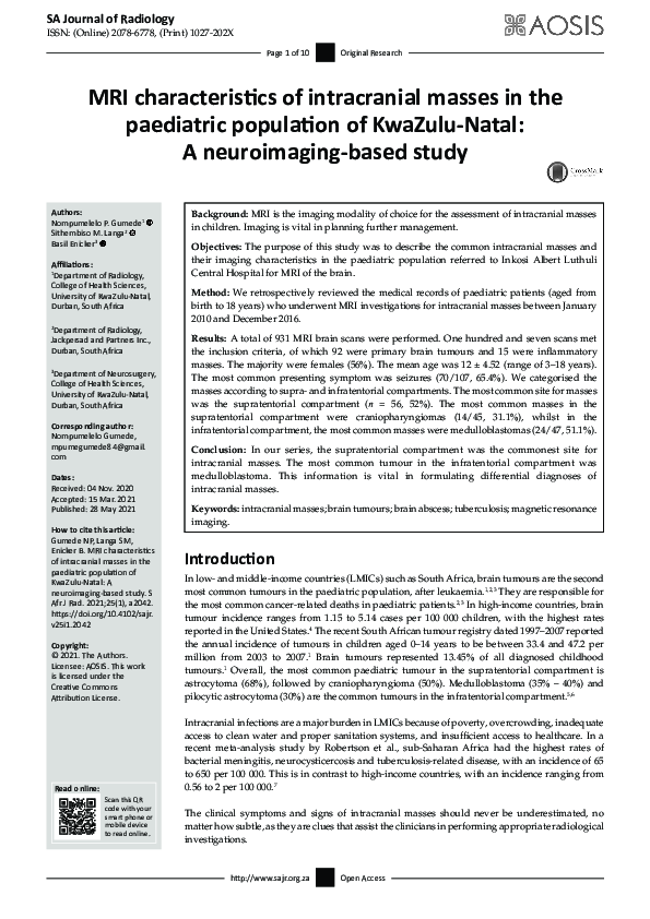 (PDF) MRI characteristics of intracranial masses in the paediatric ...