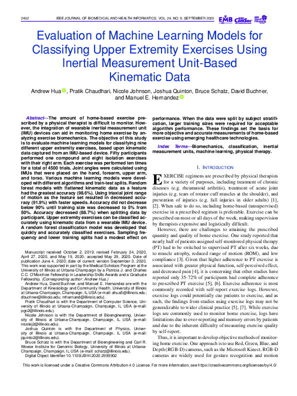 Pdf Evaluation Of Machine Learning Models For Classifying Upper Extremity Exercises Using