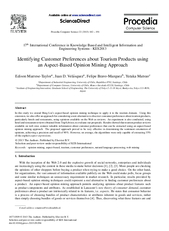 (PDF) Identifying Customer Preferences about Tourism Products Using an Aspect-based Opinion ...