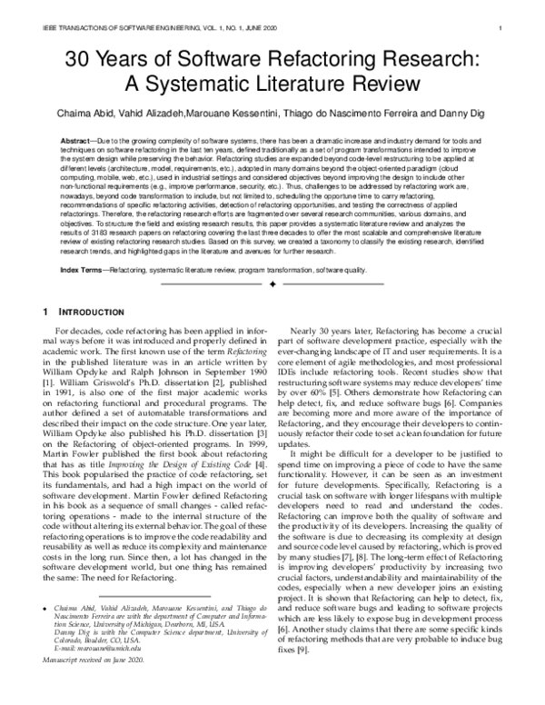 Pdf 30 Years Of Software Refactoring Research A Systematic Literature Review