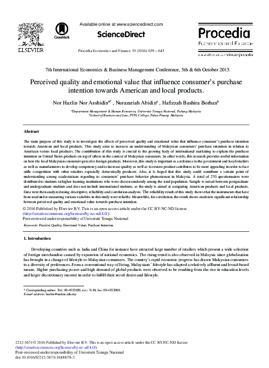(PDF) Perceived Quality and Emotional Value that Influence Consumer's Purchase Intention towards ...