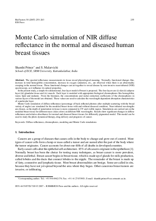 (PDF) Monte Carlo simulation of NIR diffuse reflectance in the normal and diseased human breast ...