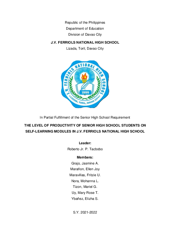 (PDF) Level of Productivity of Senior High School Students on Self ...
