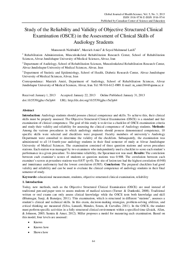 (PDF) Study of the Reliability and Validity of Objective Structured Clinical Examination (OSCE ...