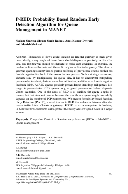 (PDF) P-RED: Probability Based Random Early Detection Algorithm for Queue Management in MANET