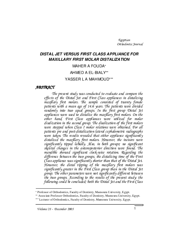 (PDF) Distal jet versus first class appliance for maxillary first molar ...