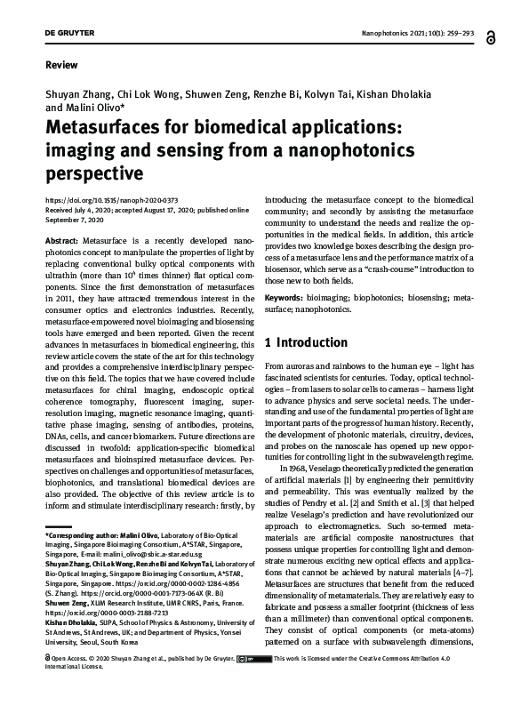 (PDF) Metasurfaces for biomedical applications: imaging and sensing ...