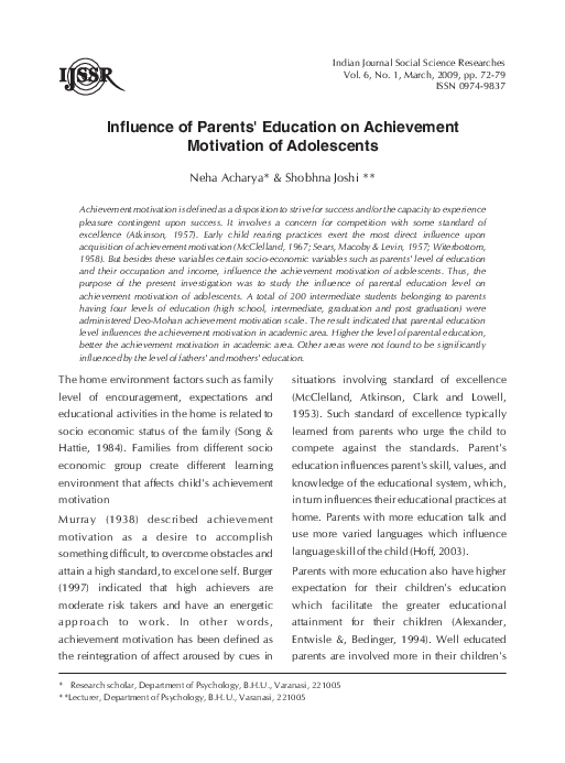 (PDF) Influence of Parents ' Education on Achievement Motivation of ...