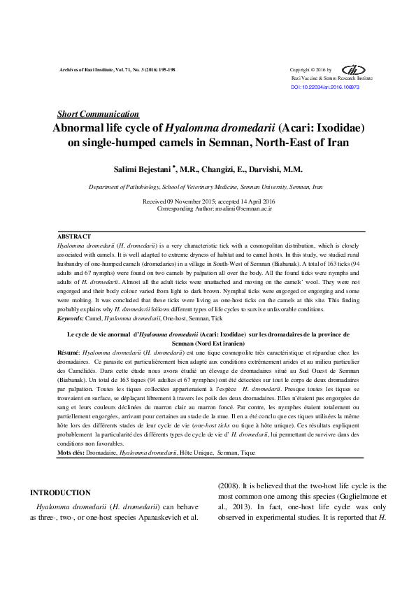 (PDF) Abnormal life cycle of Hyalomma dromedarii (Acari: Ixodidae) on ...