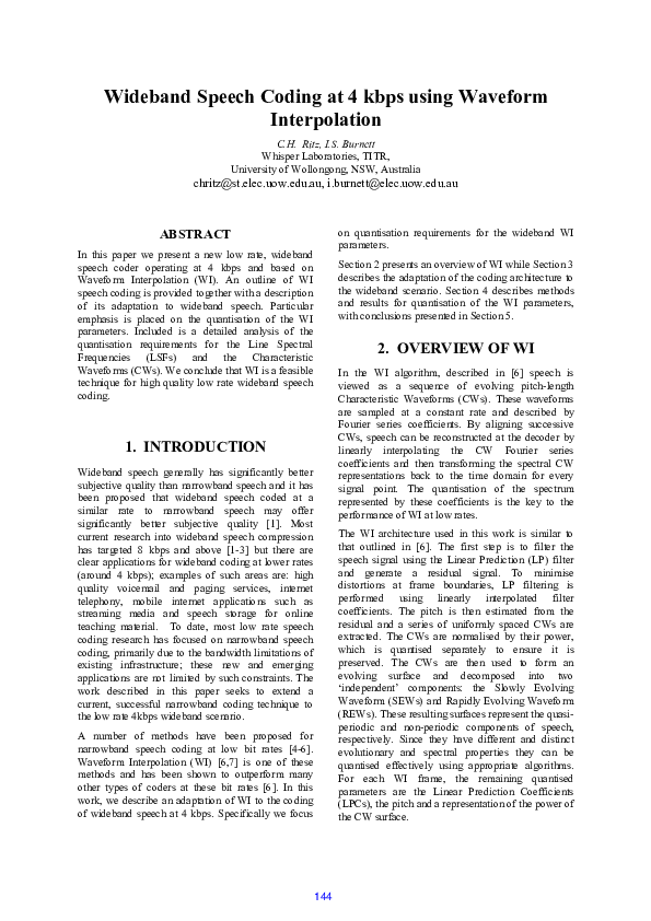 (PDF) Wideband Speech Coding at 4 kbps using Waveform Interpolation