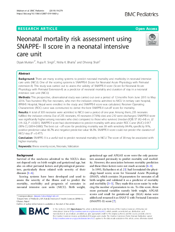 (PDF) Neonatal mortality risk assessment using SNAPPE- II score in a ...