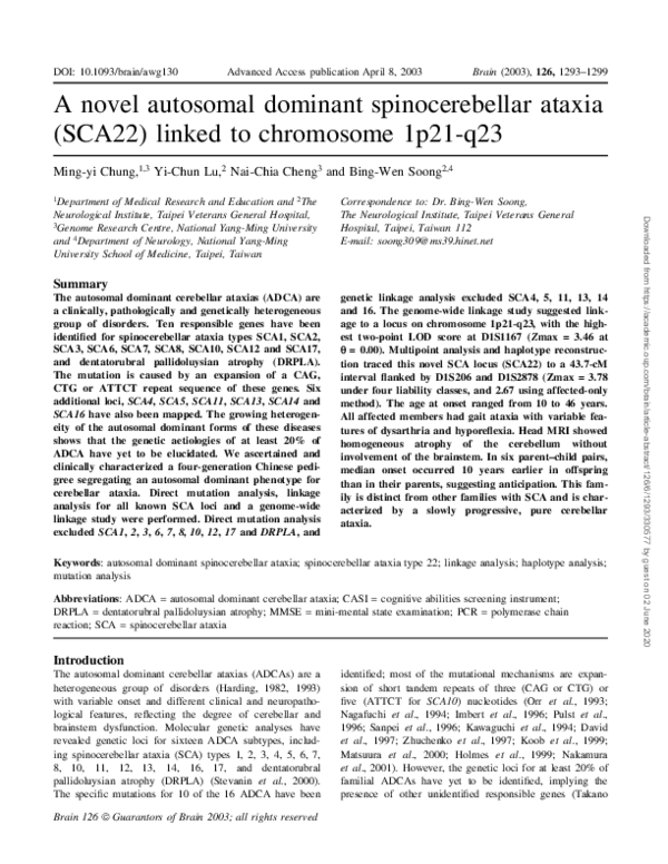 (PDF) A novel autosomal dominant spinocerebellar ataxia (SCA22) linked ...