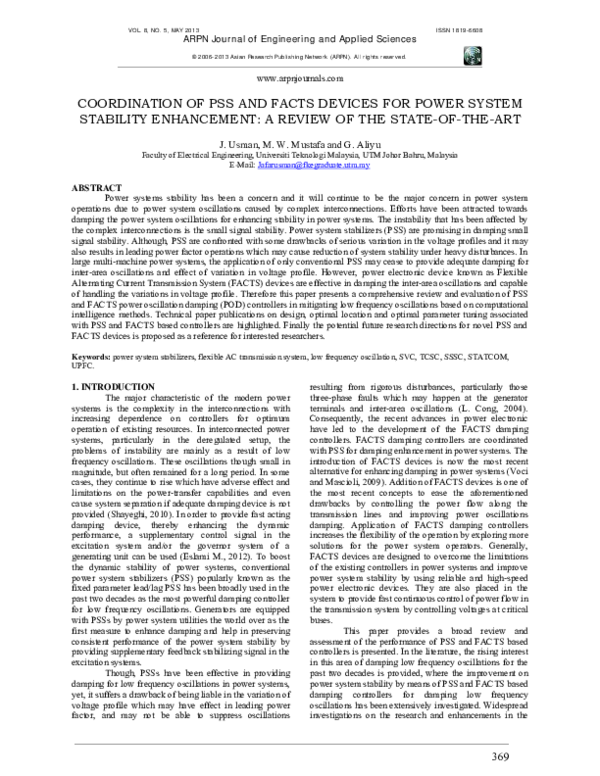 (PDF) Coordination of PSS and Facts Devices for Power System Stability Enhancement: A Review of ...